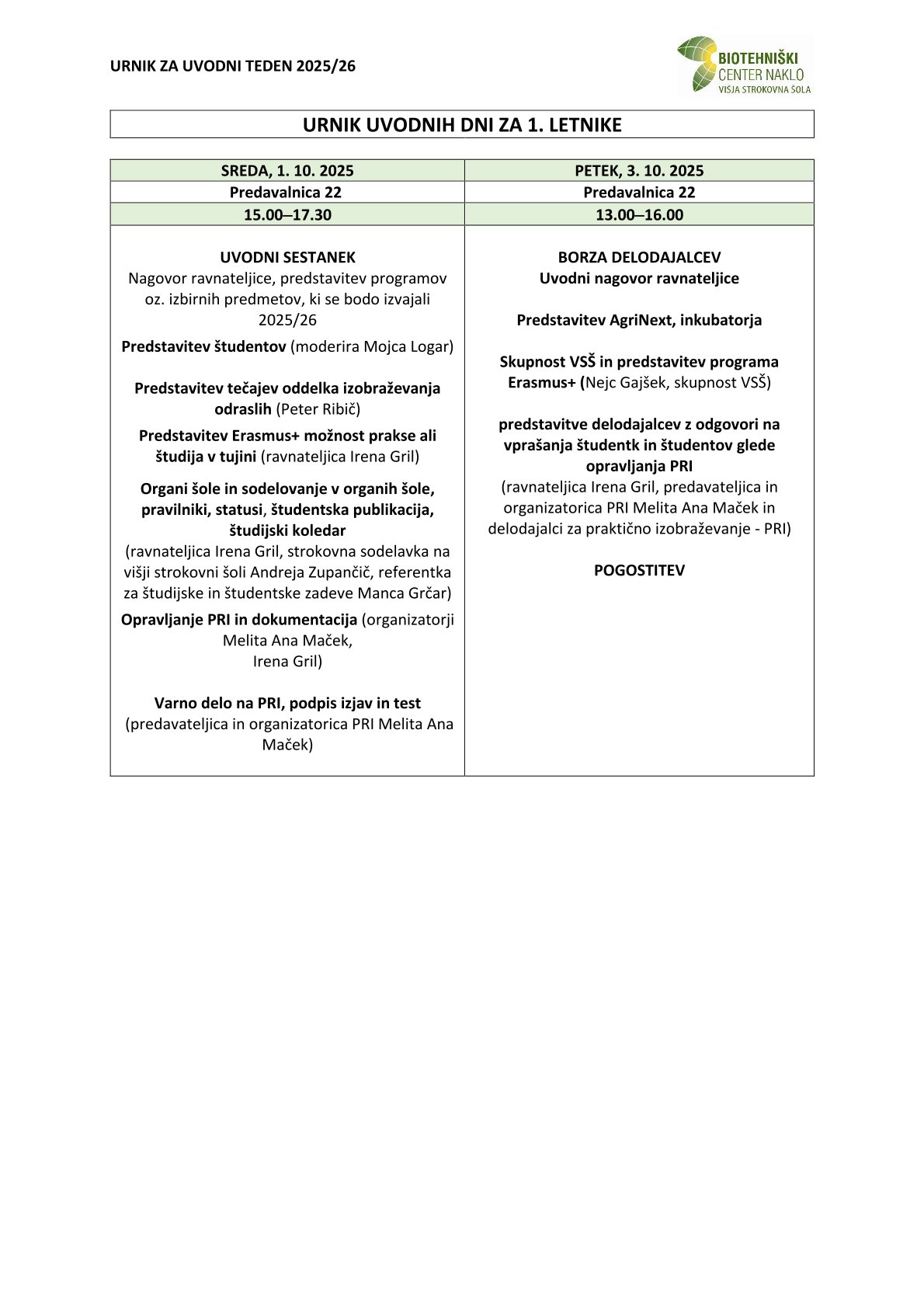 URNIK UVODNIH DNI ZA 1. IN 2. LETNIKE 2025/26 - Biotehniški center Naklo